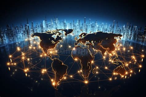International Communication Concept Glowing World Map In 3d Rendering Stock Illustration