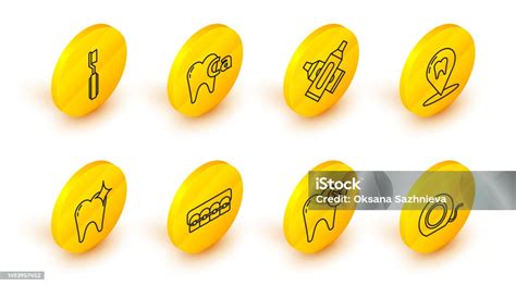 세트 라인 치실 충치가있는 치아 치아 교정기 미백 개념 클리닉 위치 치약의 교차 튜브 칼슘 및 칫솔 아이콘 벡터 3차원 형태에 대한 스톡 벡터 아트 및 기타 이미지 Istock