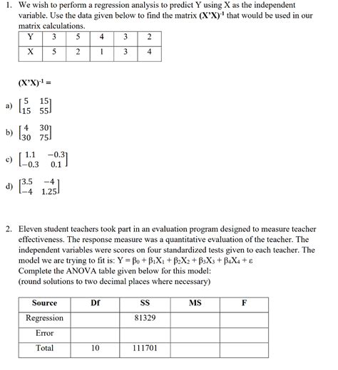 solved we wish to perform a regression analysis to predict y