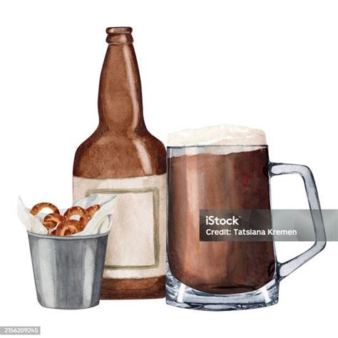 빈 병 맥주 모양의 유리잔 프레첼 스낵 양동이가 있는 구성 수채화 그림 0명에 대한 스톡 벡터 아트 및 기타 이미지 0명 Ale 가득 찬 Istock