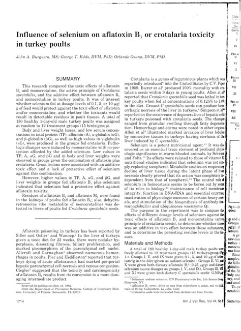 Pdf Influence Of Selenium On Aflatoxin B1 Or Crotalaria Toxicity In