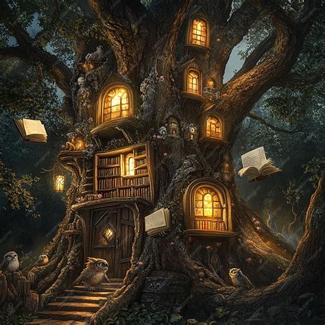 Massive Magical Library Hidden in an Enchanted Tree | Premium AI-generated image