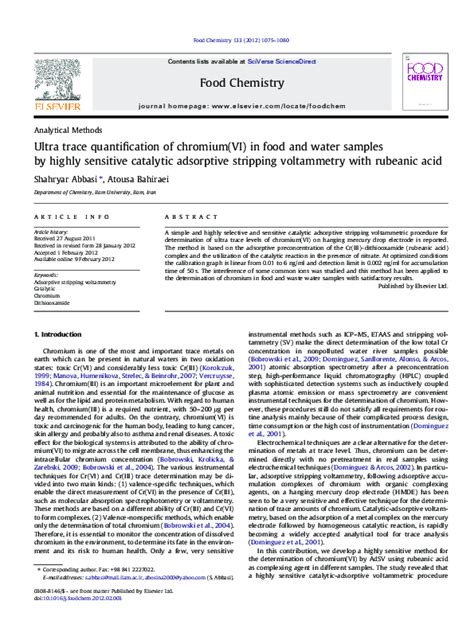 Pdf Ultra Trace Quantification Of Chromium Vi In Food And Water Samples By Highly Sensitive