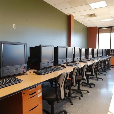 A Classroom With A Computer And A Computer Monitor On The Desk Premium Ai Generated Image