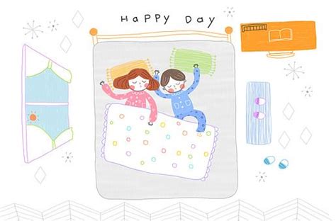 일러스트사람어린이겨울방학라이프스타일미소즐거움행복겨울잠침대창문커튼태양두명남자남자어린이여자여자어린이