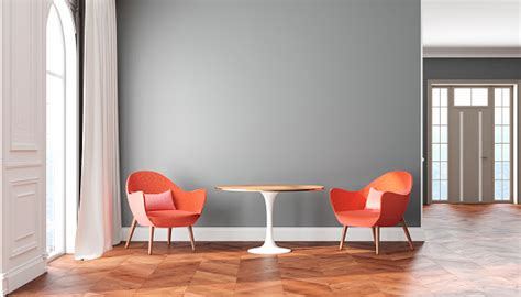 회색 벽 빨간색 분홍색의 자 테이블 커튼 창으로 빈 룸 스칸디나비아 인테리어 3d 렌더링 그림까지 조롱입니다 0명에 대한 스톡 사진 및 기타 이미지 Istock