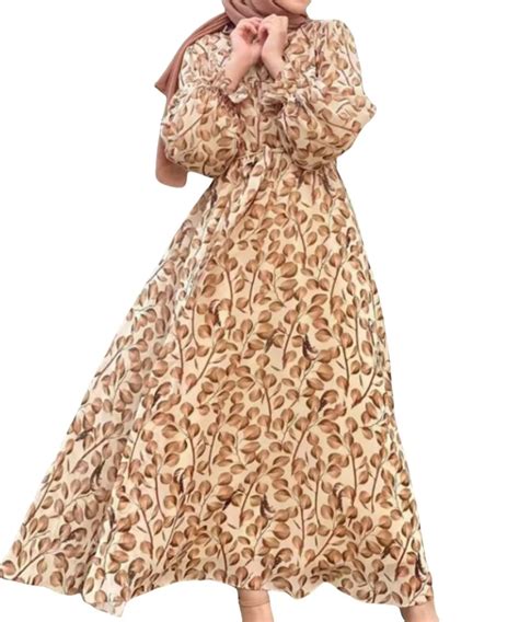Middle Eastern Muslim Conservative Dress With Ruffled Collar Print