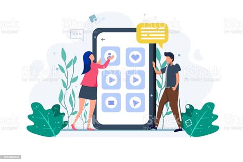 소셜 미디어 콘텐츠를 관리하기 위해 모바일 장치를 사용하는 커플 소셜 네트워크 관리 개념 스마트폰 및 모바일 애플리케이션을 가진 사람들 벡터 3차원 형태에 대한 스톡 벡터