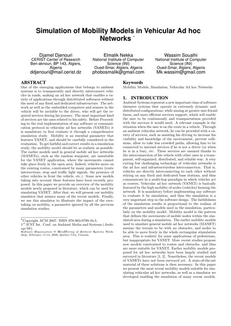 Pdf Simulation Of Mobility Models In Vehicular Ad Hoc Networks