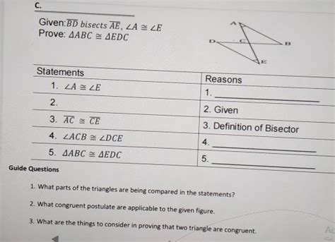 solved c given overline bd bisects overline ae ∠ a≌ ∠ e prove delta