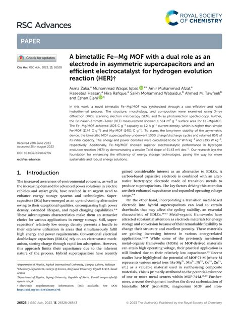 Pdf A Bimetallic Femg Mof With A Dual Role As An Electrode In Asymmetric Supercapacitors And