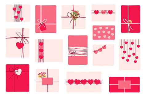 발렌타인 데이를 위한 로맨틱한 친환경 포장 선물 세트 크래프트 페이퍼 하트 스티커 꽃 인사말 카드 기획자로 선물 상자를 포장 손으로 그린 벡터 일러스트레이션 나비매듭에 대한