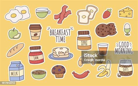 아침 스티커 세트 귀여운 만화 스타일 흰색 윤곽선 낙서 계란 땅콩 버터 쿠키 커피 베이컨 바나나 머핀 우유 귀리 잼 딸기 팬케이크 차 토스트 구운 식품에 대한 스톡 벡터