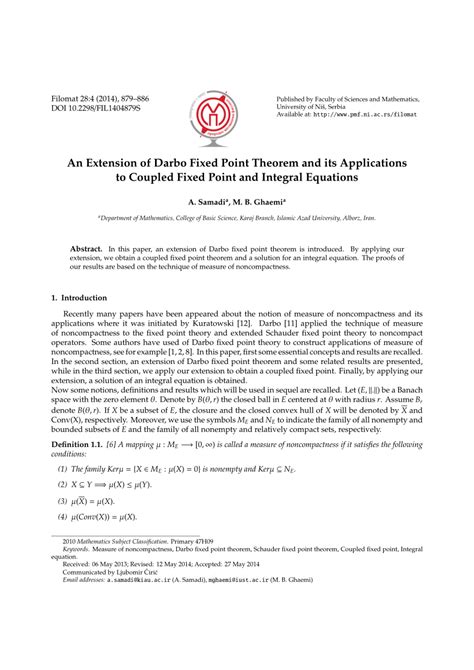 Pdf An Extension Of Darbo Fixed Point Theorem And Its Applications To Coupled Fixed Point And