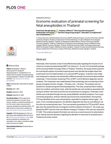 Pdf Economic Evaluation Of Prenatal Screening For Fetal Aneuploidies In Thailand