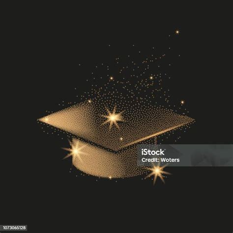 졸업 모자 또는 박격포 보드 분기 금 입자 추상 그림입니다 초대 배너 인사말 카드 엽서에 사용할 수 있습니다 벡터 대학원 템플릿입니다 배경 주제에 대한 스톡 벡터 아트 및