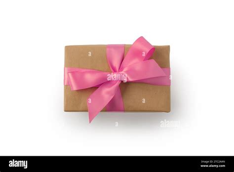 Top View Of Brown Rectangular Present Box With Pink Ribbon Isolated On