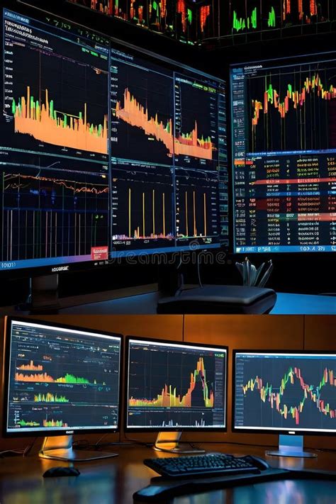 high tech stock market trading room multiple monitors displaying real
