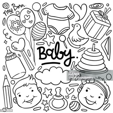 아기와 신생아 낙서 아이콘 배너 아기 소녀와 소년 장난감 음식 공 풍선 달 별 우유 병 생일 요소와 만화 스케치 스타일 낙서