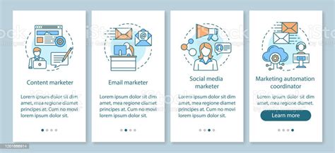 선형 개념으로 모바일 앱 페이지 화면 온보딩 디지털 마케팅 전문 콘텐츠 이메일 마케터는 단계 그래픽 지침을 연습합니다 Ux Ui 그림이 있는 Gui 벡터 템플릿 4에 대한