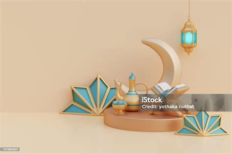 라마단 카림 또는 이드 알 아다 무바라크 황금 초승달 랜턴 커피 포트 말린 날짜 거룩한 꾸란 무슬림 이슬람 축제 3d 렌더링 0명에 대한 스톡 사진 및 기타 이미지 Istock
