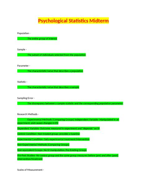 Psychological Statistics Midterm Key Concepts And Measures Exams Psychology Docsity
