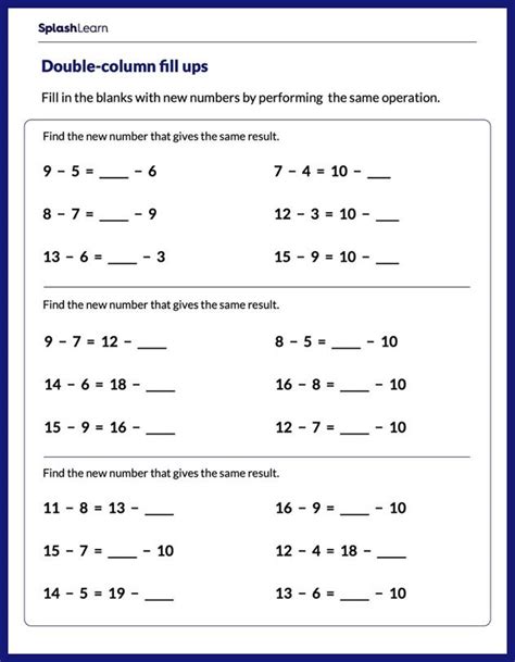 Equivalent Subtraction Facts Worksheet