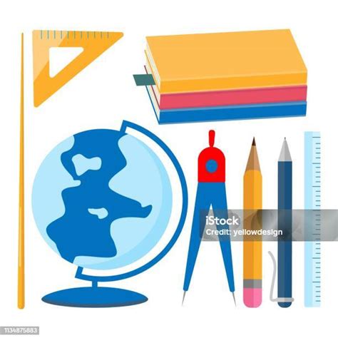 학교 용품 세트입니다 교과서 지구본 포인터 나침반 펜 연필 눈금자 개념에 대한 스톡 벡터 아트 및 기타 이미지 개념 개체