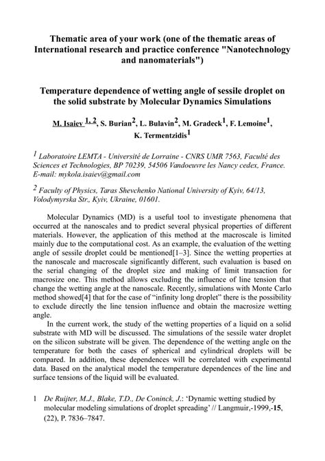 Pdf Temperature Dependence Of Wetting Angle Of Sessile Droplet On The