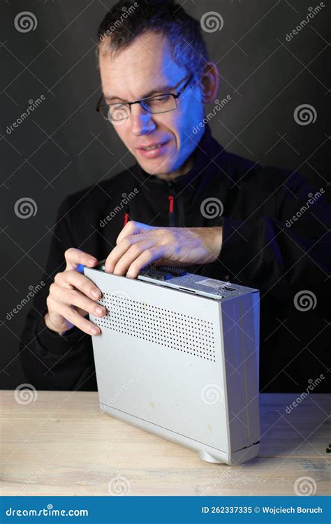 Repair Of A Satellite Tuner By A Person On A Table Stock Image Image Of Housing Table