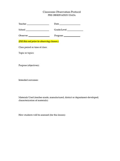 Classroom Observation Protocol 2024 Pdf Teachers Thought