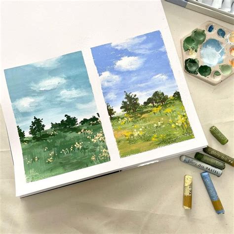 Hyejeong 편한드로잉 On Instagram 같은 풍경을 보고 그려도 전혀 다른 분위기 너무 오래 오일파스텔만 했지 붓에 익숙해지기 연습〰️〰 과슈 오일파스텔