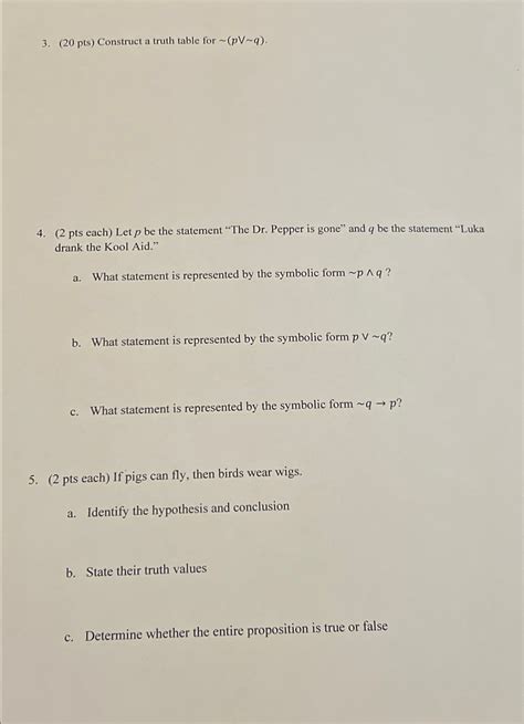 Solved 20 ﻿pts ﻿construct A Truth Table For ∼ Pvv∼q 2