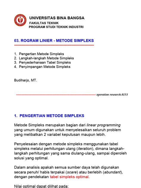 03 Program Linier Metode Simpleks Pdf Metode And Bahan Ajar Komputer