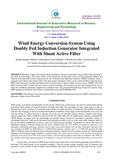 Pdf Wind Energy Conversion System Using Doubly Fed Induction Generator Integrated With Shunt