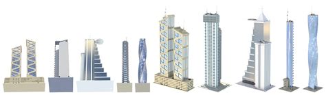10 블루 흐린 하늘 반사와 가상의 디자인 미래 마천루의 10 낮은 보기 상세 렌더링 고층 빌딩의 고립 된 3d 그림 0명에