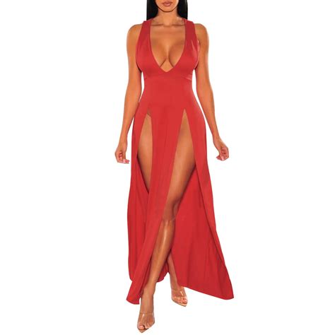 Womens Sexy Long Summer Dress Deep V Neck Nightclub Party Evening Gown