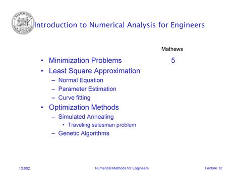 Lect Numerical Analysis Introduction To Numerical Analysis For Engineers Minimization