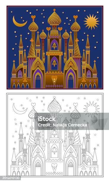 색칠을 위한 다채롭고 흑백 템플릿입니다 동화 나라 중세 왕국의 그림입니다 어린이 교육 어린이와 성인을 위한 색칠하기 책용 워크시트 플랫 벡터 만화 이미지입니다 0명에 대한