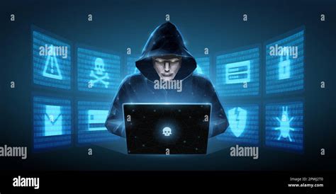 Hacker Cyber Criminal With Laptop And Related Icons Behind It Cyber