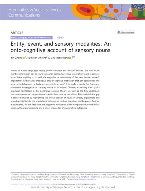 Pdf Entity Event And Sensory Modalities An Onto Cognitive Account Of Sensory Nouns