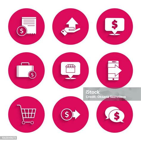 온라인 쇼핑 개념 달러 기호 말풍선 스마트폰 휴대폰 장바구니 서류 가방 및 종이 수표 재정 확인 아이콘이 있는 동전을 설정합니다 벡터 Brand Name Smart