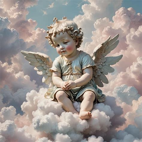 A Cherub Sitting In The Fluffy Cloud Ethereal Layer Of Pastel Clouds