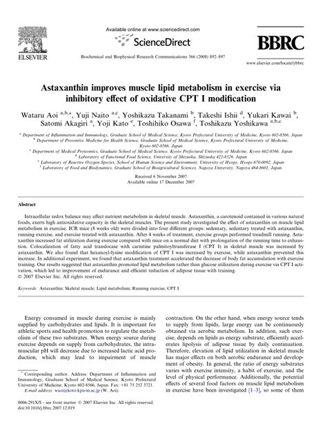 PDF The Astaxanthin Induced Improvement In Lipid Metabolism During Exercise Is Mediated By A