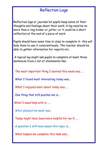 Reflection Log Questions Teaching Resources