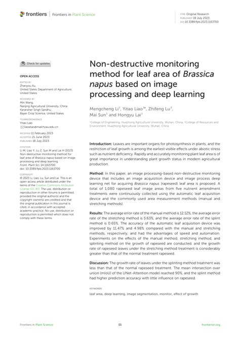 PDF Non Destructive Monitoring Method For Leaf Area Of Brassica Napus Based On Image