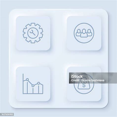 라인 렌치 및 기어 프로젝트 팀 기반 파이 차트 인포그래픽 및 쇼핑백을 판매로 설정합니다 흰색 사각형 버튼입니다 벡터 경영자에