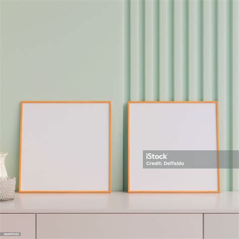 현대적이고 미니멀한 정사각형 나무 포스터 또는 사진 프레임 모형이 거실 테이블에 놓여 있다 3d 렌더링 가구에 대한 스톡 사진 및 기타 이미지 Istock