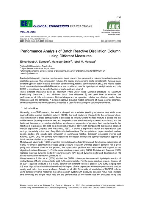 Pdf Performance Analysis Of Batch Reactive Distillation Column Using