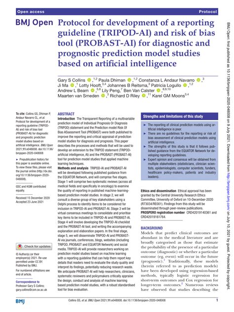 Pdf Protocol For Development Of A Reporting Guideline Tripod Ai And Risk Of Bias Tool